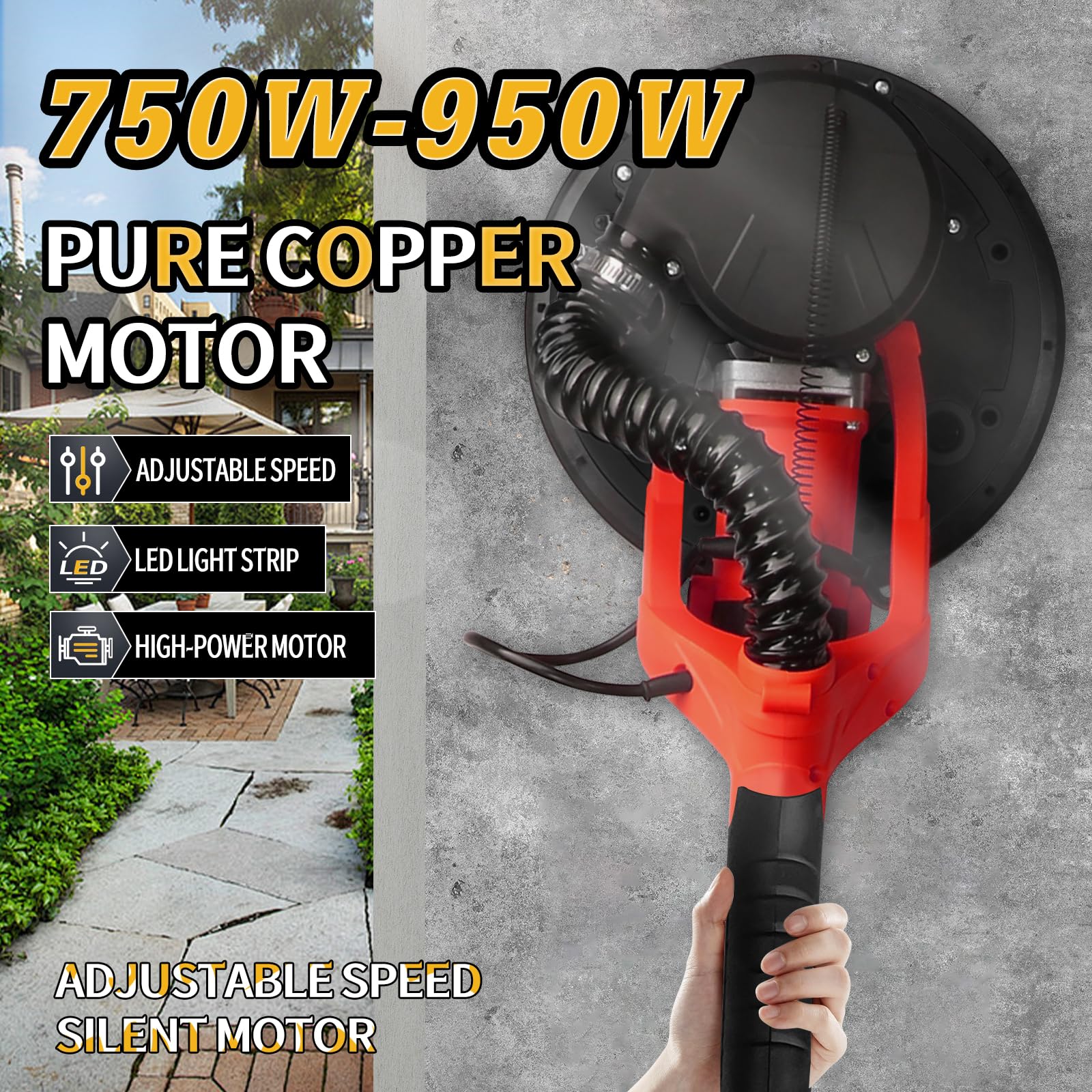 Drywall Sander with Vacuum, 950W High Power Foldable Popcorn Ceiling Removal Tool, 7-Speed Variable, 900-2600RPM, with LED Light and 12 Grinding Wheels, Retractable Handle, for Sanding Walls, Floors