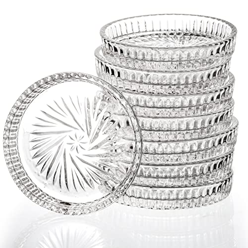 AVLA 8 Pack Crystal Drink Coasters, Glass Round Cup Mat, Clear Decorative Wine Bottle Coasters Barware Set for Table Protection of Home Kitchen, Dining Room, Patio, Coffee Shop, 3.75", Carved Design