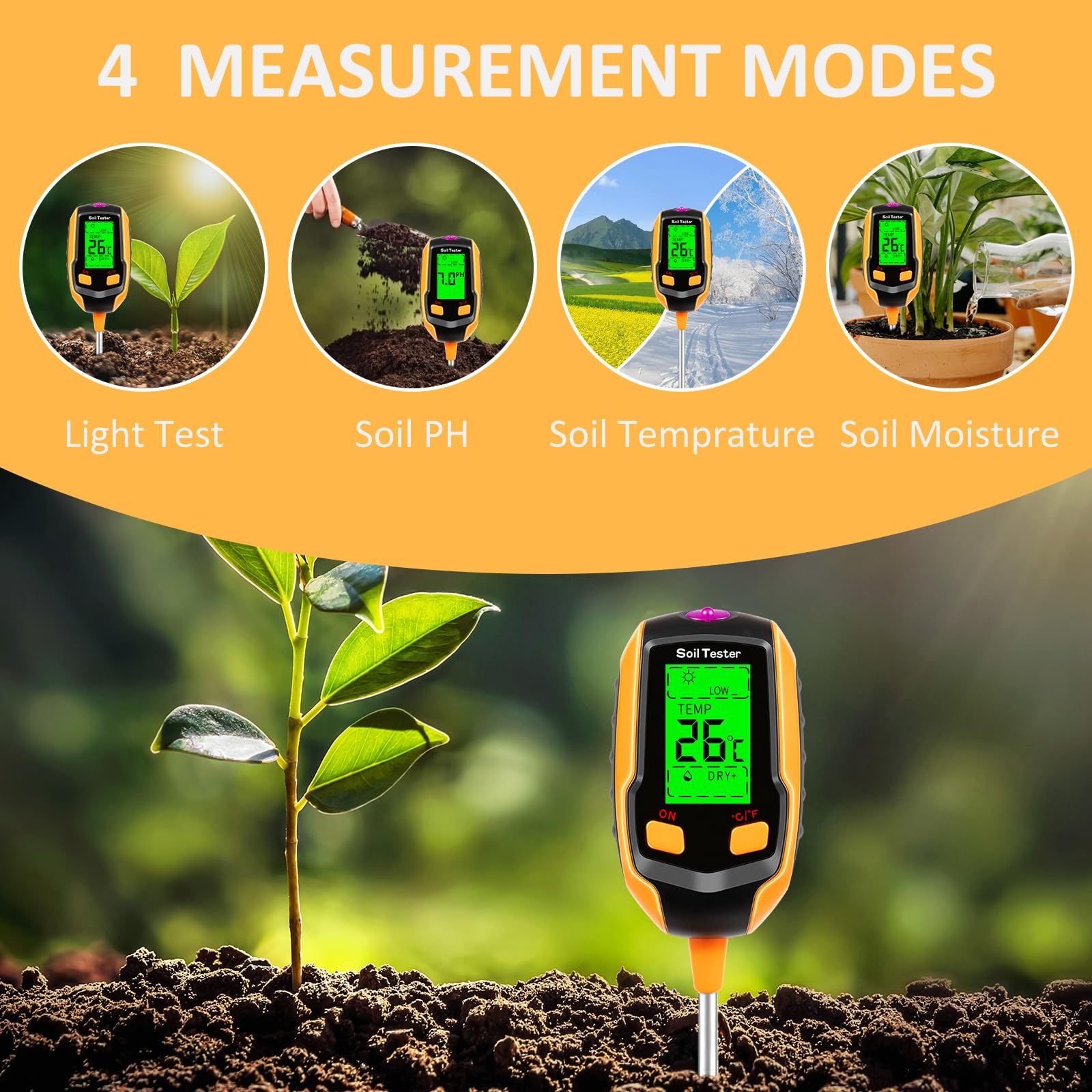4-in-1 Soil Moisture Meter Digital Plant Temperature/Soil Moisture/PH Meter/Sunlight Intensity/Environment Humidity Backlight LCD display Soil Test Meter for Gardening, Farming and Outdoor Plants