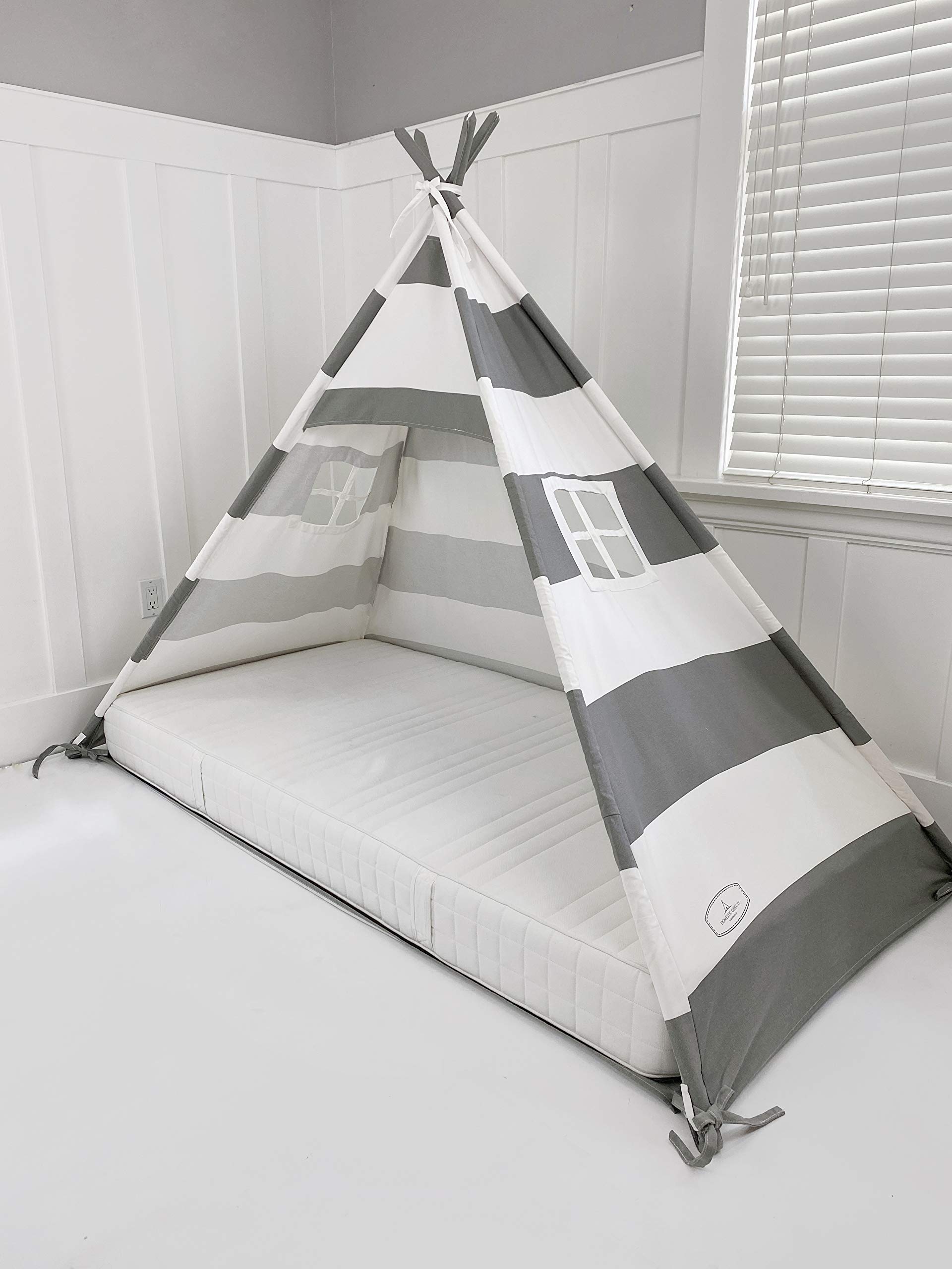 Domestic Objects | Play Tent Bed Canopy | Teepee for Mattress | 100% Cotton Canvas | Premium Quality (Twin/Single No Door) (Gray Stripes)
