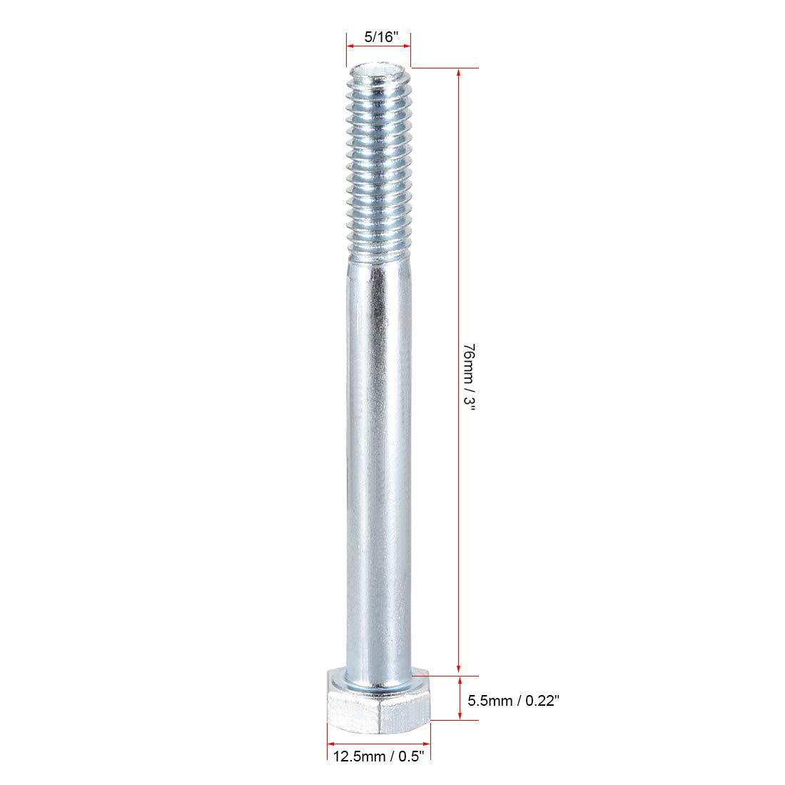 uxcell Hex Head Screw Bolts Carbon Steel 5/16"-18x3" Fastener Grade 5 UNC 5pcs