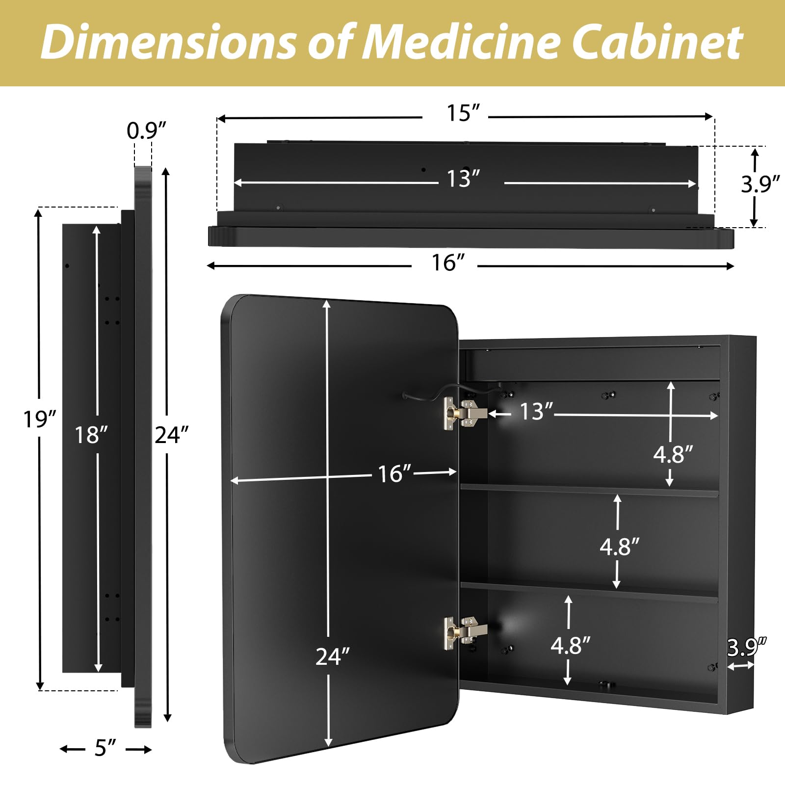 APRILSOUL 16X24 Inch Black Bathroom Medicine Cabinet with Mirror, Recessed or Surface Lighted Medicine Cabinet with 3 Colors Temperature, Dimmable Light