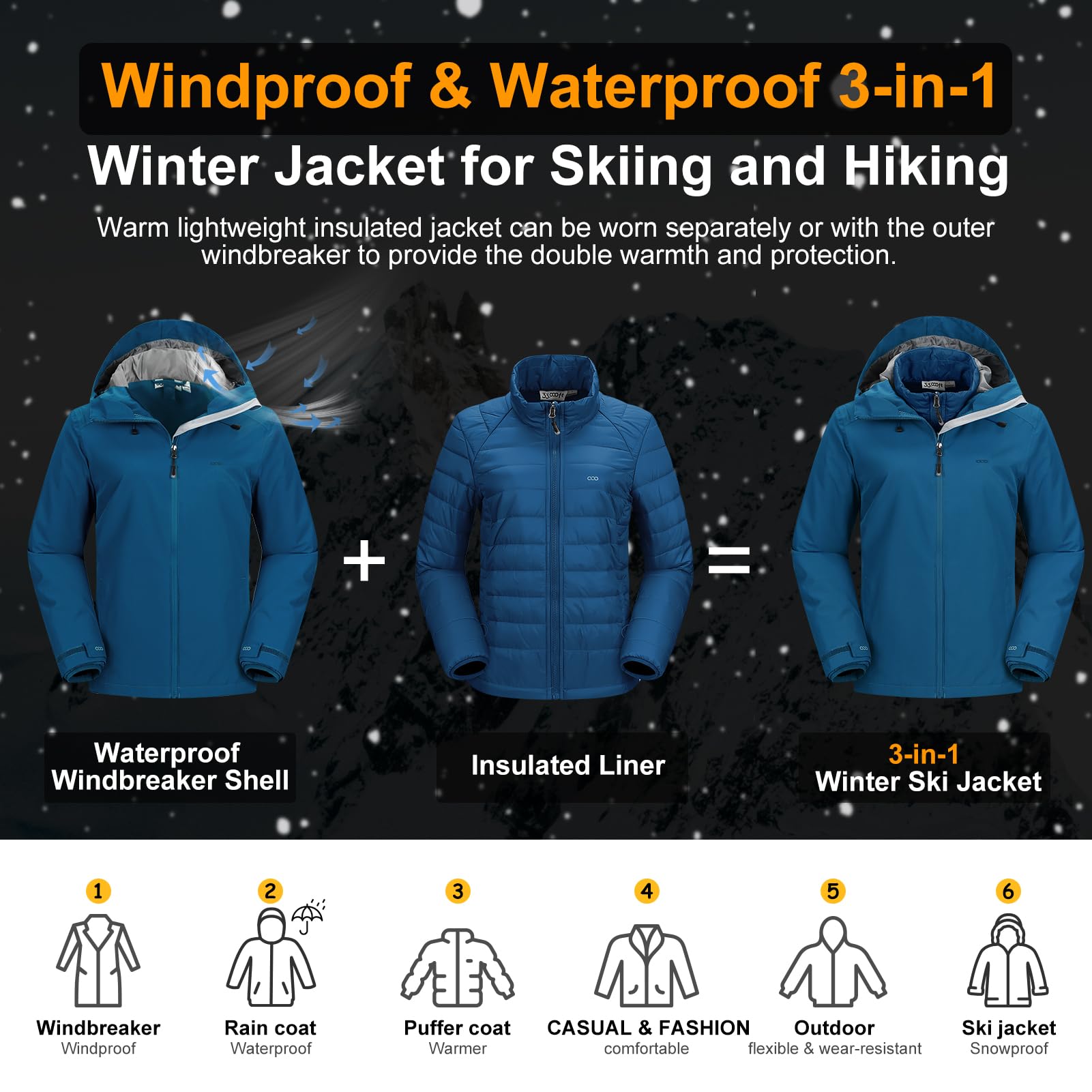 33,000ft Women's Waterproof Ski Jacket Winter 3 in 1 Snow Coat Snowboarding Jackets Warm Insulated Raincoat