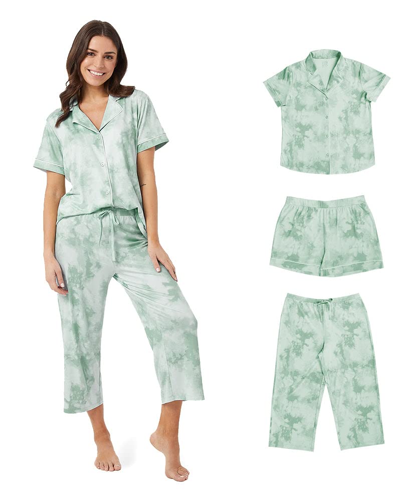 32 DEGREES Women's Cool Button Up 3 Piece Sleep Set |4-Way Stretch | Button up Top | Lounge Capri and Short, Light Mint Hazy Tie Dye, X-Large