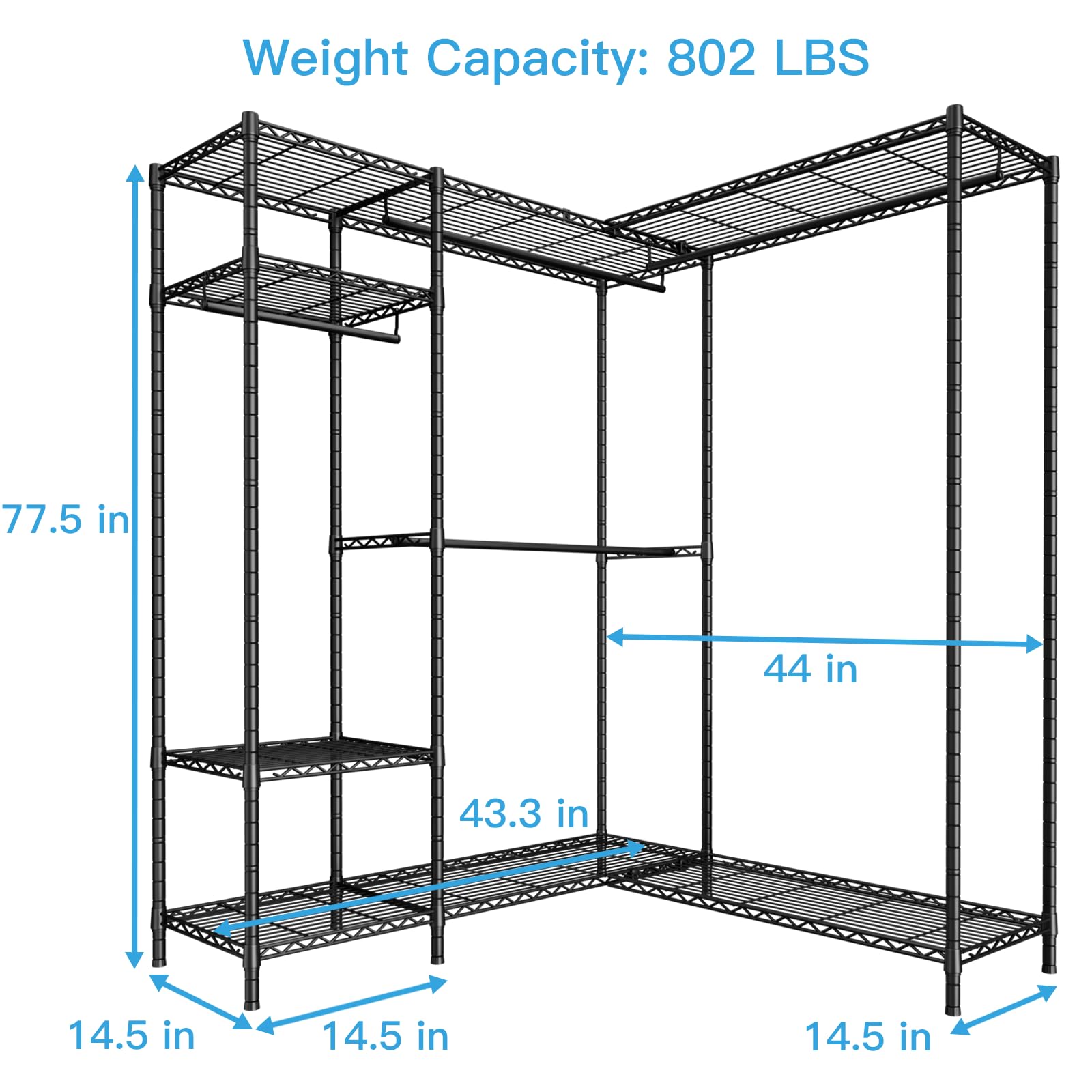 Ulif L2 L-shaped Clothes Rack, Freestanding Heavy-Duty Garment Rack with 6 Wire Shelves and 4 Hanger Rods, Portable Wardrobe Closet - 44" W x 43.3" L x 77.5" H, Max Load 802 LBS, Black