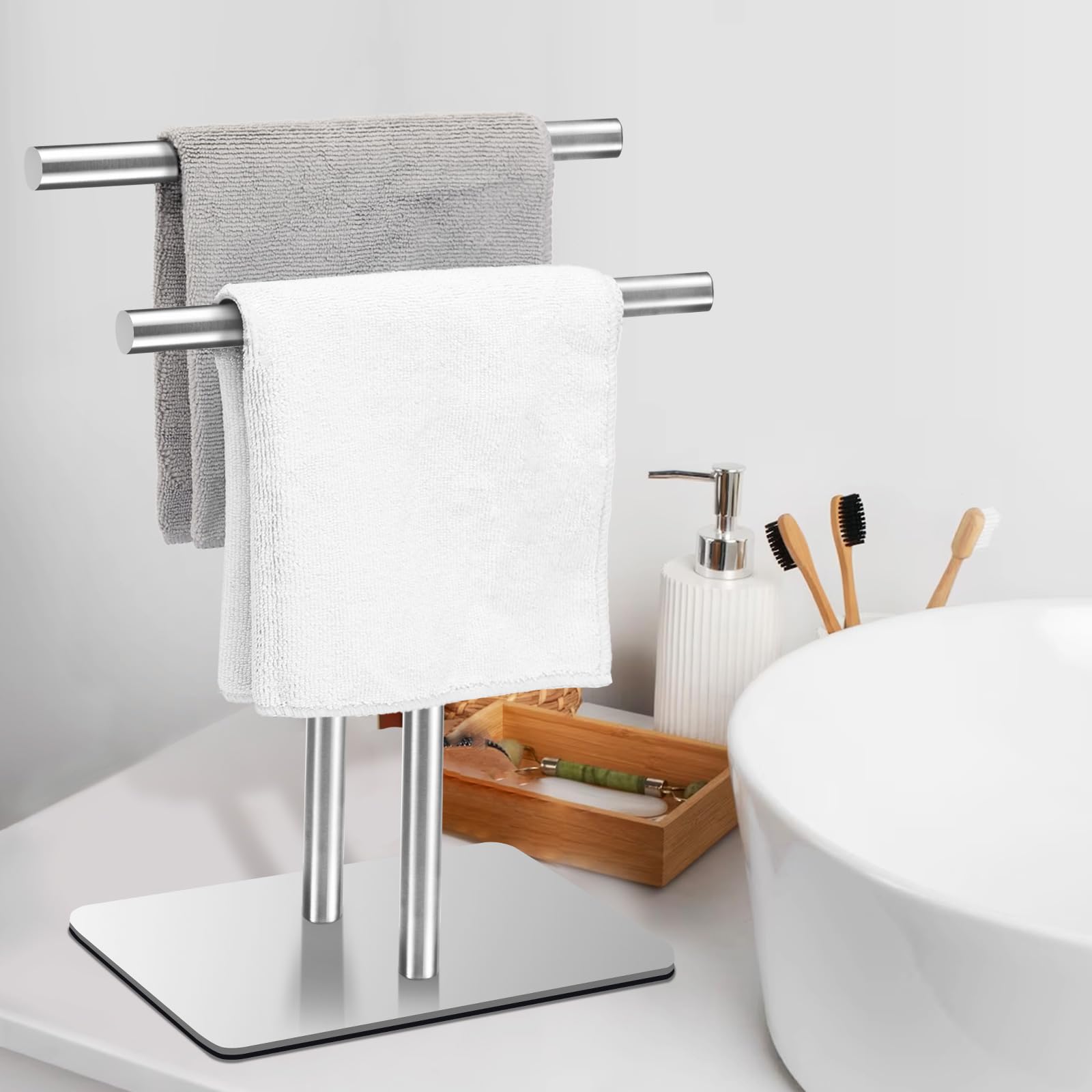 Square T-Shape Hand Towel Holder 2-Tier - Standing Hand Towel Rack for Bathroom or Kitchen Countertops, with SUS304 Stainless Steel Brushed Finish,Minimalist Style