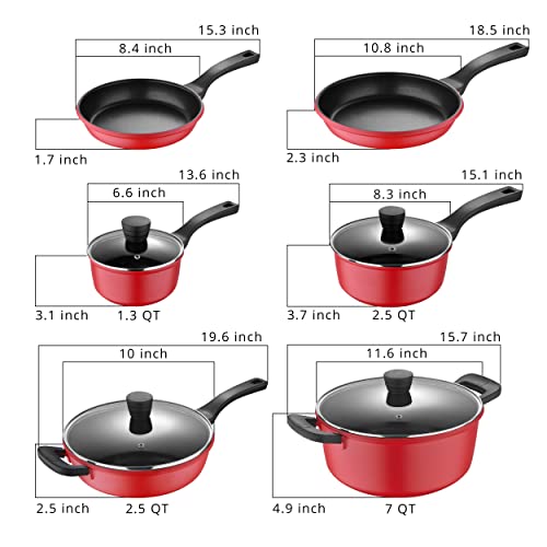 Bergner - Retro Cookware - Pots and Pans Set Nonstick - Induction Cookware - 10 Piece Pan Set - 8"/10" Fry Pans, 1.3qt Saucepan, 2.5qt Saucepan, 2.5qt Sautepan with Lids, 7qt Dutch Oven - Red