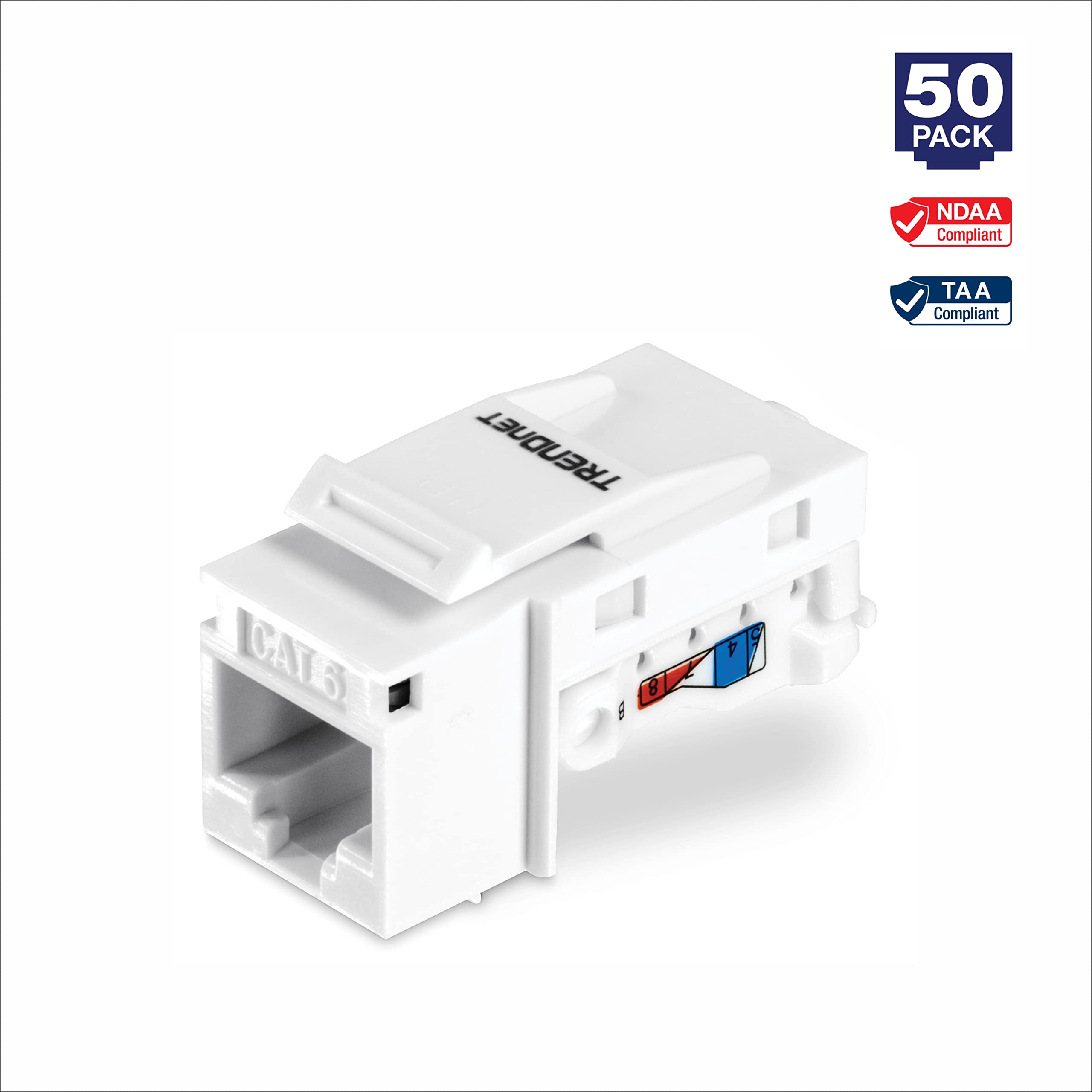 TRENDnet Cat6 RJ45 Keystone Jack 50-Pack Bundle, TC-K50C6, Compatible with Cat5/Cat5e/Cat6 Cabling, Use with The TC-KP24 or TC-KP48 Blank Keystone Patch Panels(Sold Separately) White