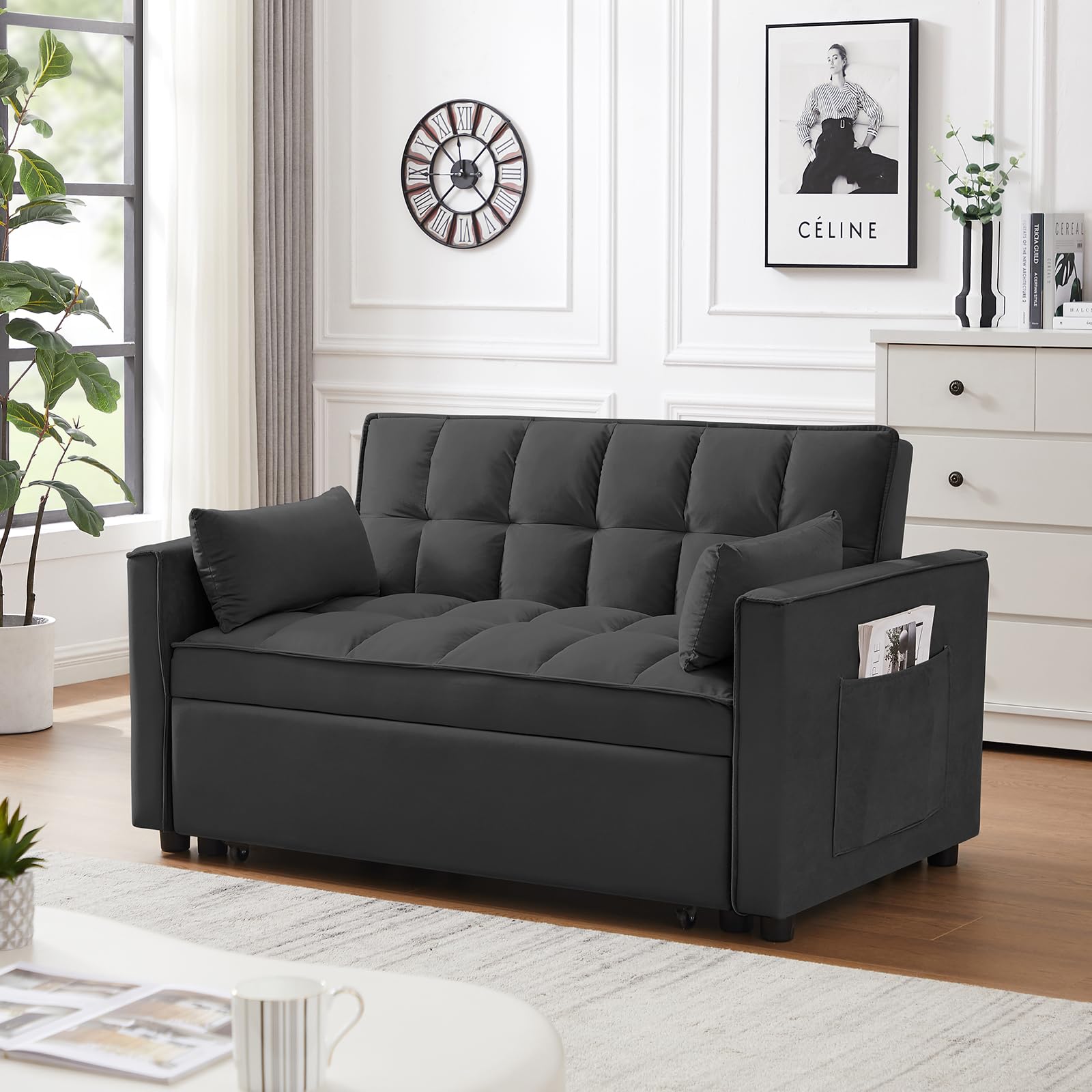 Luoyisimall Convertible Sleeper Sofa Bed,Multi Function 3 in 1 Futon Upholstered Couch w/Toss Pillows, Storage Pockets and Pull Out Bed for Living Room,Bedroom,Small Space(Velvet Black)