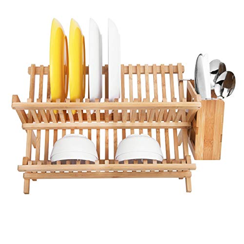Lawei Bamboo Dish Drying Rack with Utensil Holder - Collapsible Dish Drainer Foldable Dish Rack Bamboo Plate Rack for Plates, Cups, Mugs, Utensil, Flatwares
