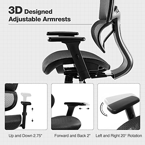 Ergonomic Office Chair, High Back Mesh Office Chair with 3D Armrests and Headrest, Adjustable Rolling Chair with Lumbar Support and Tilt Function, Breathable Mesh Chair for Gaming, Executive, Office