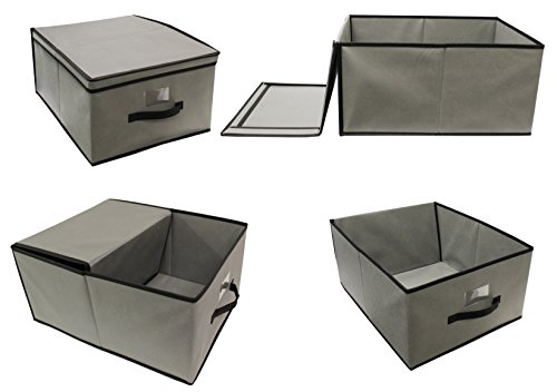 EarthWise Storage Bin Basket Box Collapsible Container Foldable Stackable Fold Flat Shelf Cabinet with Lid Cube Organizers (Set of 3) 1 Large 2 Medium (Black/Grey)