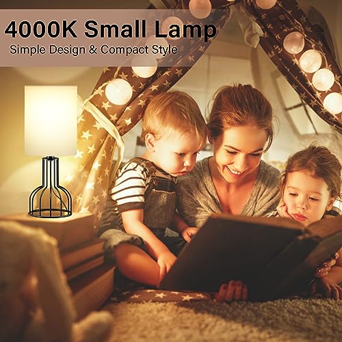 Bedside Table Lamp for Bedroom - Small Lamp with 3 Color Modes-3000K-4000K-5000K Nightstand Lamp with Simple Black Metal Base and White Fabric Shade for Kids, Living Room,Bedroom (LED Bulb Included)