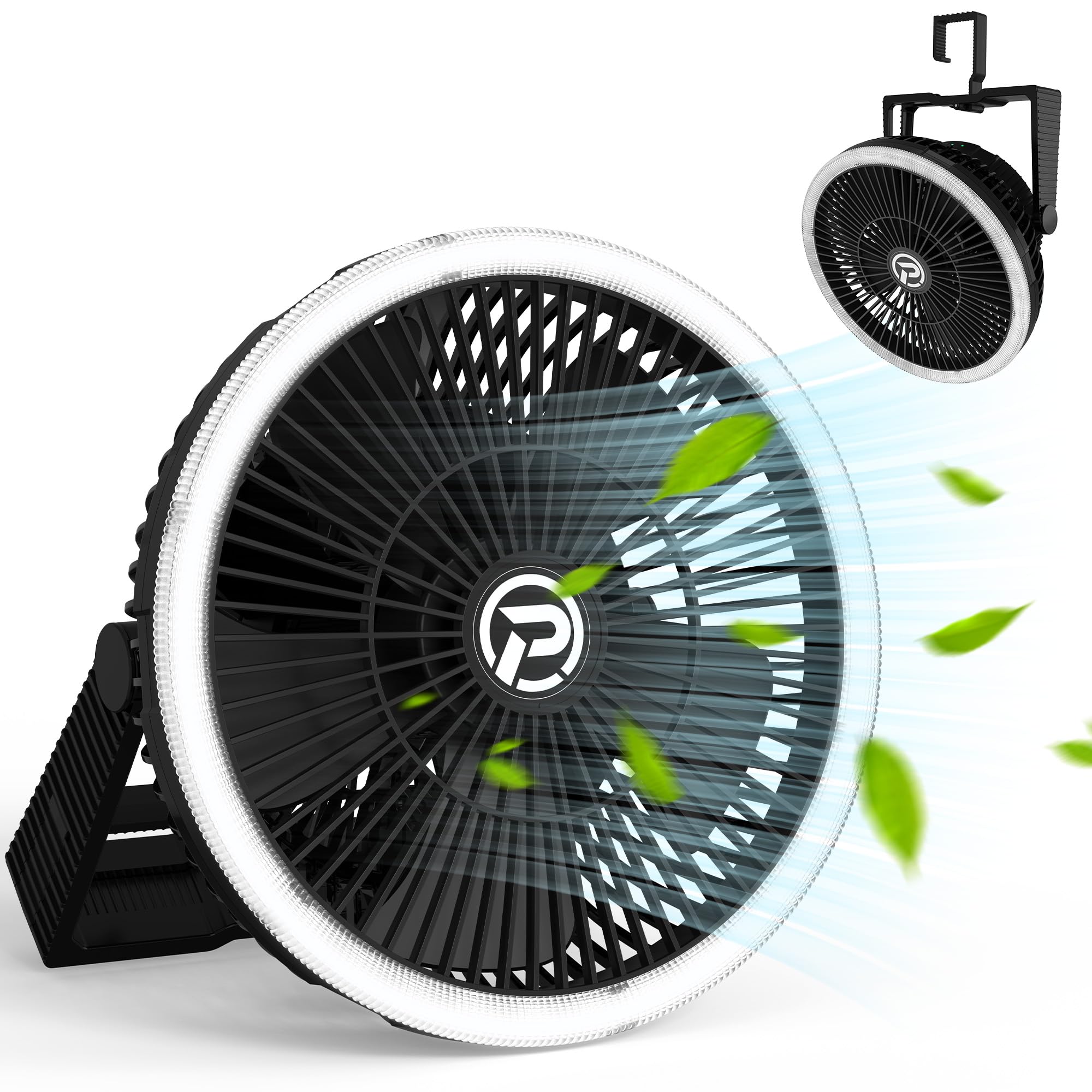 Camping Fan with Light, 10000mAh Rechargeable Battery Powered, Portable Fan for Tent Travel Outdoor RV Hurricane Emergency