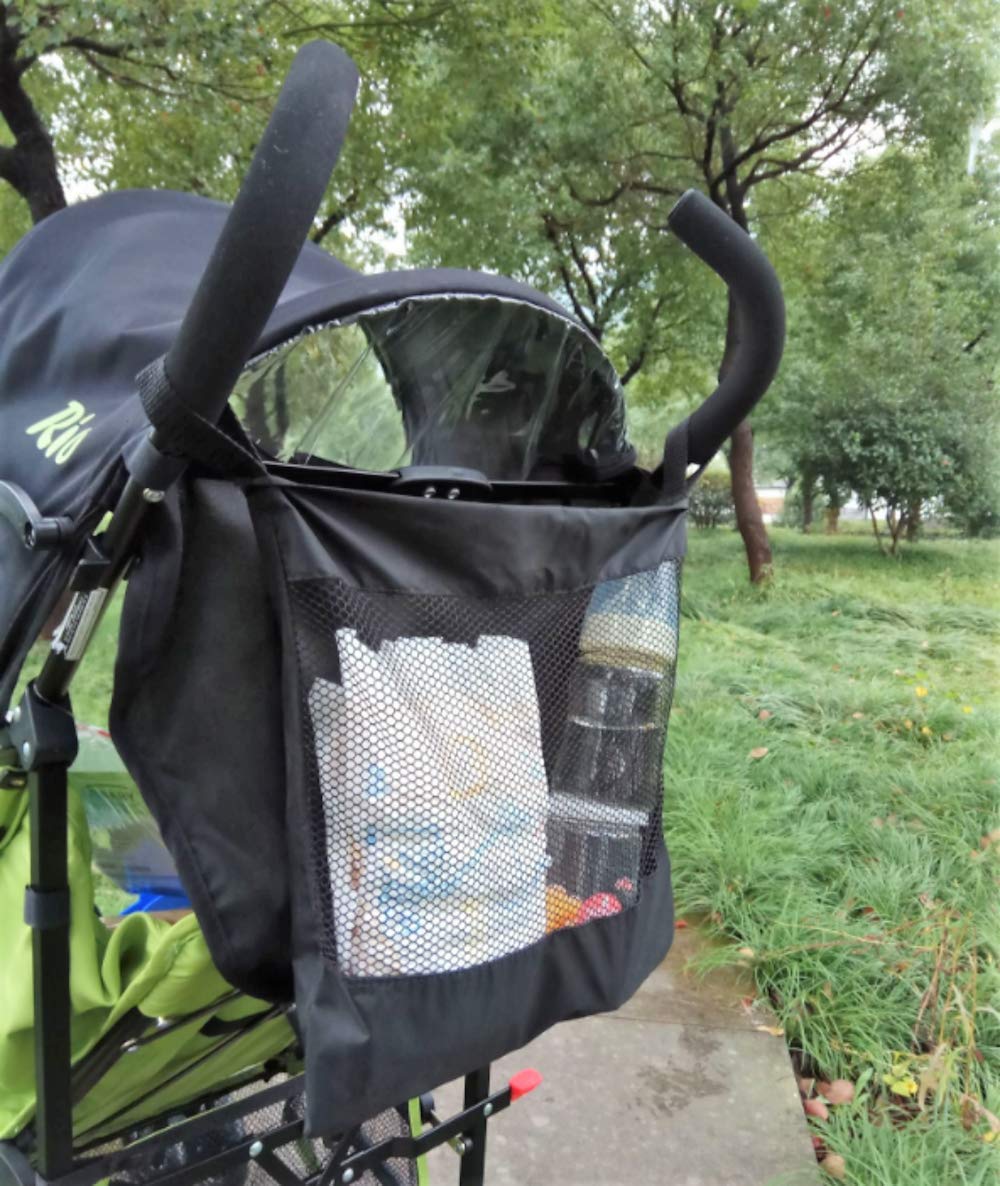 Eunika Baby Stroller Organizer Storage Bag (3 Pcs), Kid Stroller Accessories Travel Hanging, Snap Button Dual Layered Pocket Pram Accessories, Free Gifts Stroller Hooks Black Stroller Mesh Bag