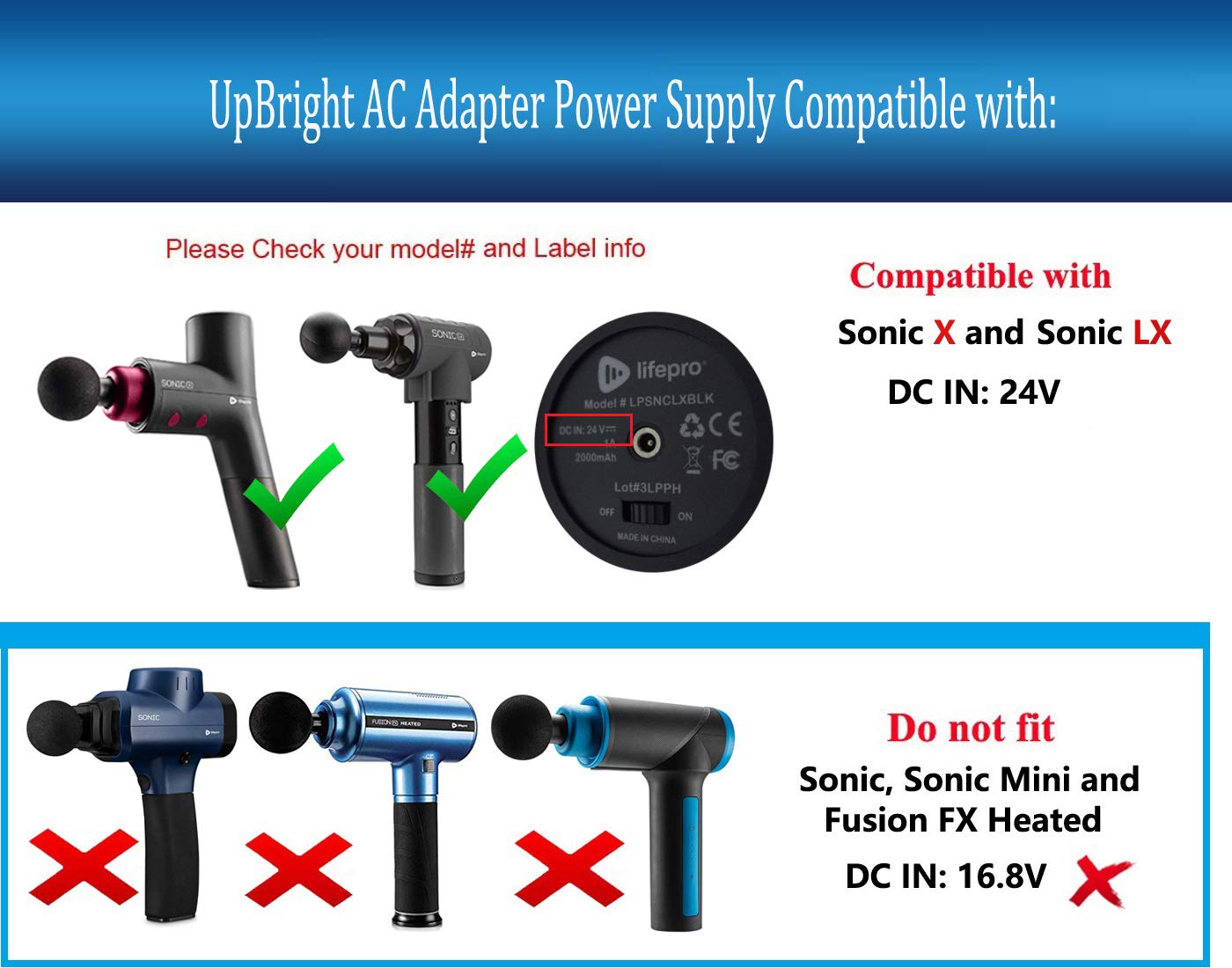 UpBright 24V AC Adapter Compatible with LifePro Life Pro Sonic X SonicX LPSNCXBLK LPSNCXBLU LX SonicLX LPSNCLXBLK LPSNCLXBLU Plus SonicPlus M1 PulseFX Pulse FX LPPLSFXBLU Massage Gun Charger(NOT 16.8V