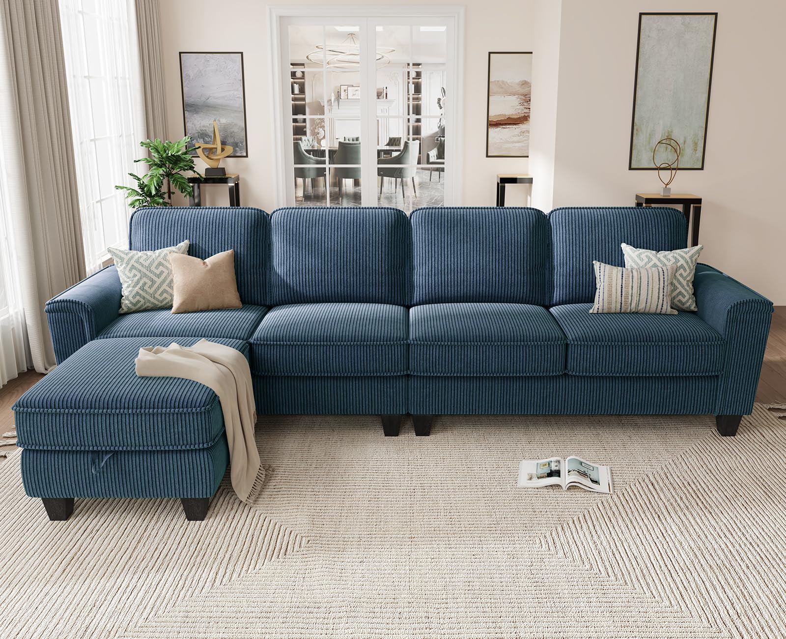 KKL 106” Convertible Sectional Sofa, L Shaped Couch with Storage Ottoman, 4 Seat Convertible Couch for for Living Room, Corduroy, Green
