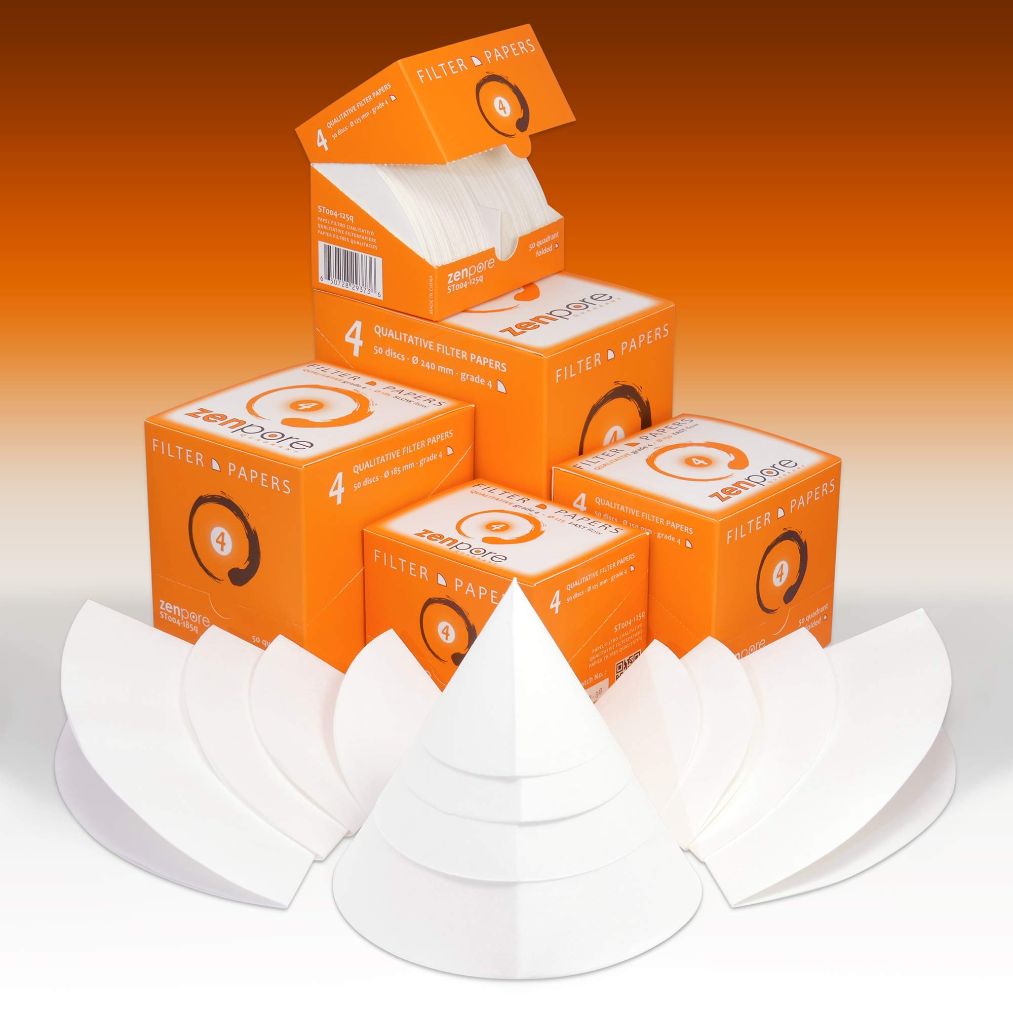 24 cm Quadrant-Folded Filter Paper, Pre-Folded disks, Qualitative Grade 4 - ZENPORE Fast Flow 240 mm (50 Discs)