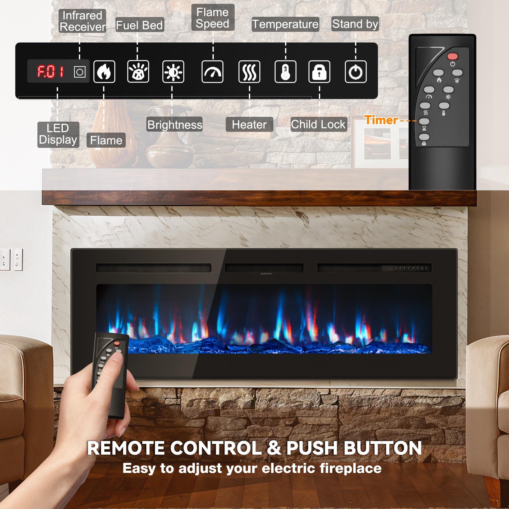 Manastin 60 inch Electric Fireplace in-Wall Recessed and Wall Mounted with Remote Control, 1500/750W Fireplace Heater (60-99ยฐF Thermostat) with 12 Adjustable Color, Timer, Log and Crystal