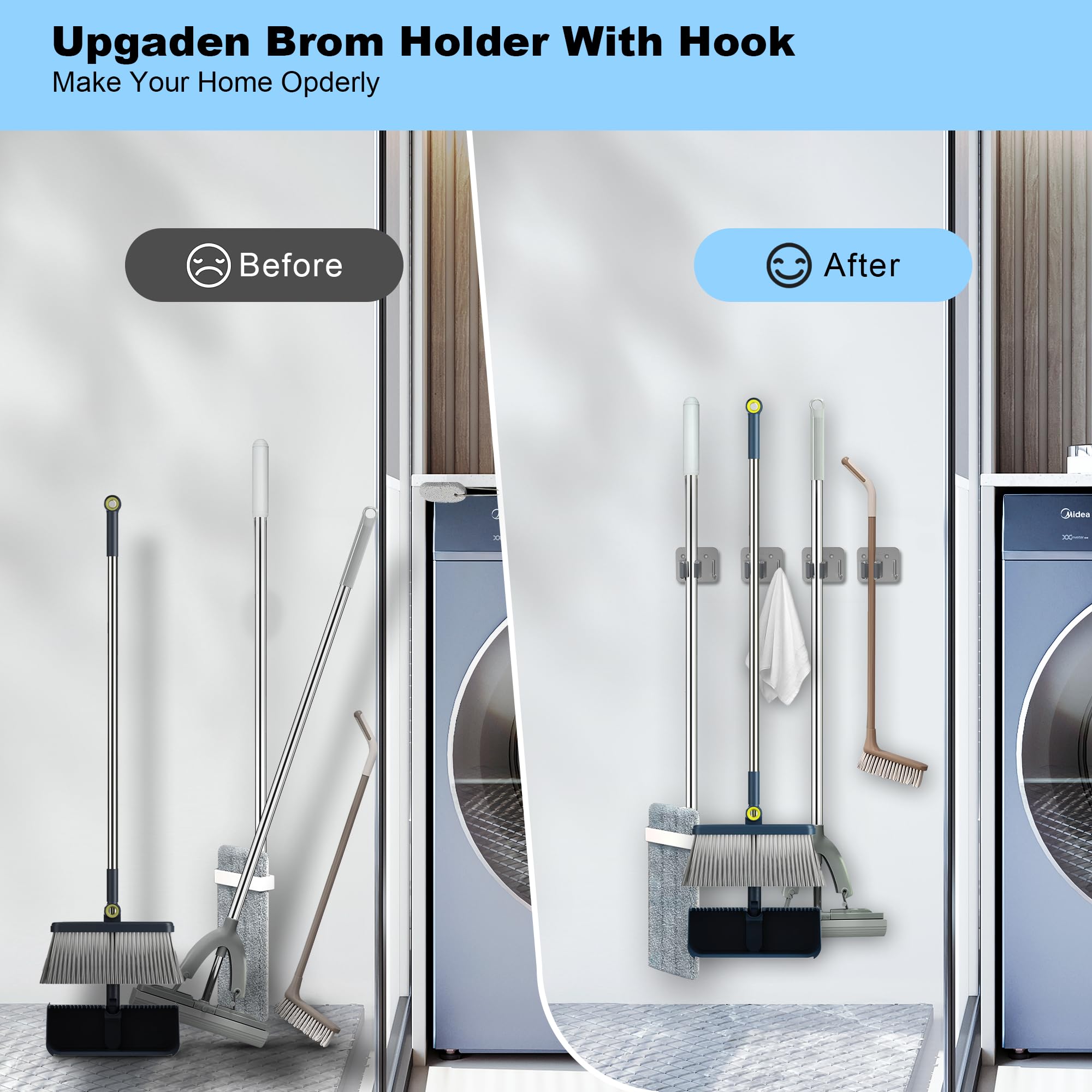 XCIXCI 4 Pack Stainless Steel Mop and Broom Gripper with Hook, Screw Drilling or Self Adhesive Mop and Broom Holder Wall Mount, Storage Rack for Closet Laundry Garage Garden Tool Organizer, Silver…