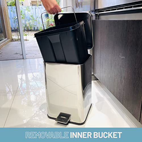 AWENN - Kitchen Garbage Trash Can with Lid and Pedal - Touchless Round Shape Waste Bin - Stainless Steel Dustbin with Removable Inner Bucket for and Outdoors β Gray (5.3 Gallon β 20 Liters)