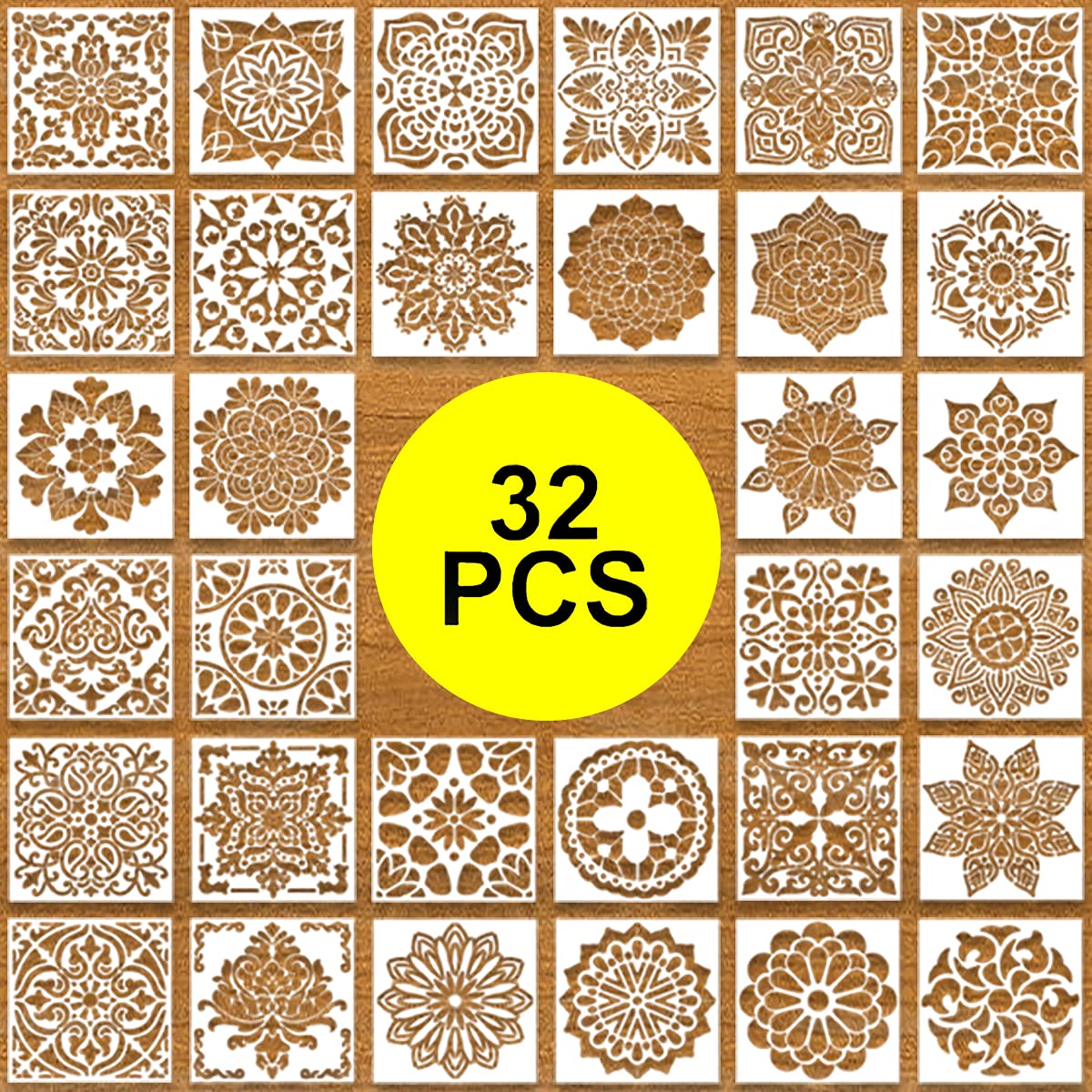 32 Pcs 6 x 6 inch Mandala Painting Stencils, Stencils for Painting on Wood, Rangoli Stencils, Art Supplies, Flower Stencils Painting Template for Floor Wall Tile Fabric Wood Stencils DIY Decor