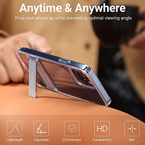 TORRAS MoonClimber iPhone 12 Pro Case/iPhone 12 Case [3 Stand Ways] [12X Armor-Level Protection] with Adjustable Metal Kickstand Shockproof Slim Transparent Stand Cases 6.1 inch, Clear