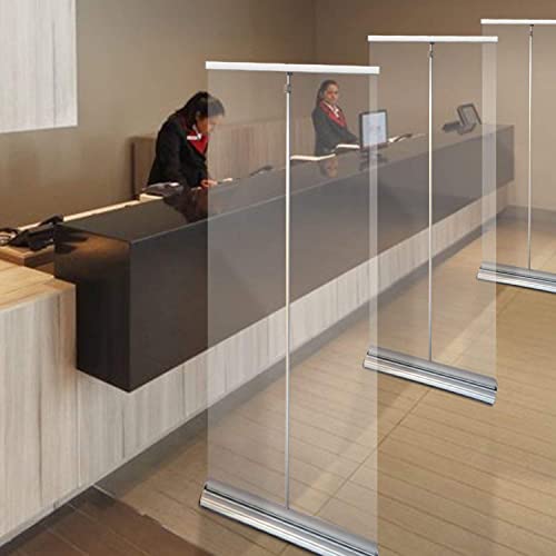 BannerBuzz Floor Standing Sneeze Guard - Full Tarp with Steppy Retractable Stand Isolation Barrier - Clear Film Protective Shield for Cafes, Retail Stores, Cashier, Receptionist (2.5' x 6.5')