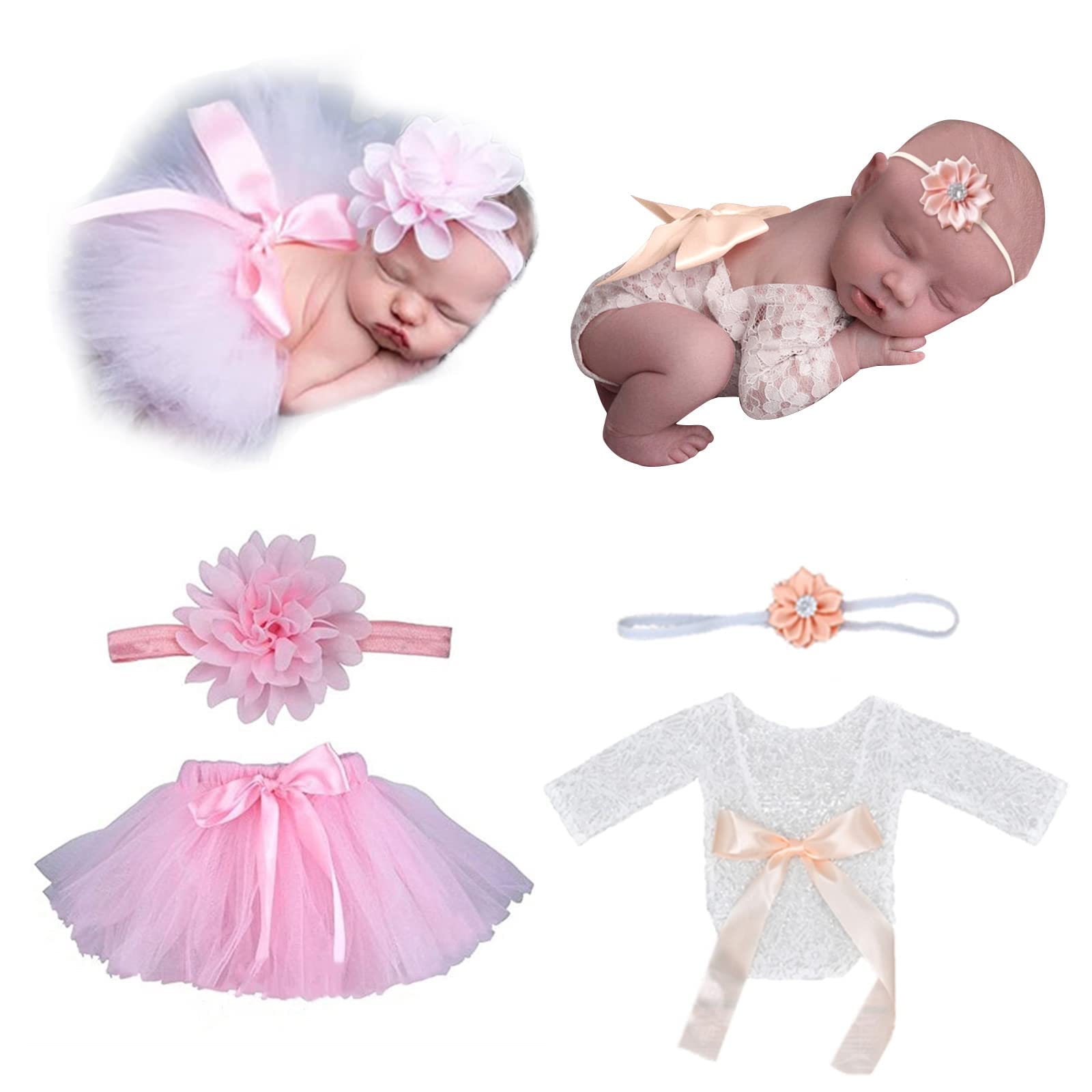 SPOKKI 4 PCS Newborn Photography Props Outfits-BabyTutu Skirt Cute Bow Headdress and Lace Rompers Sets for Infants Girl Boy