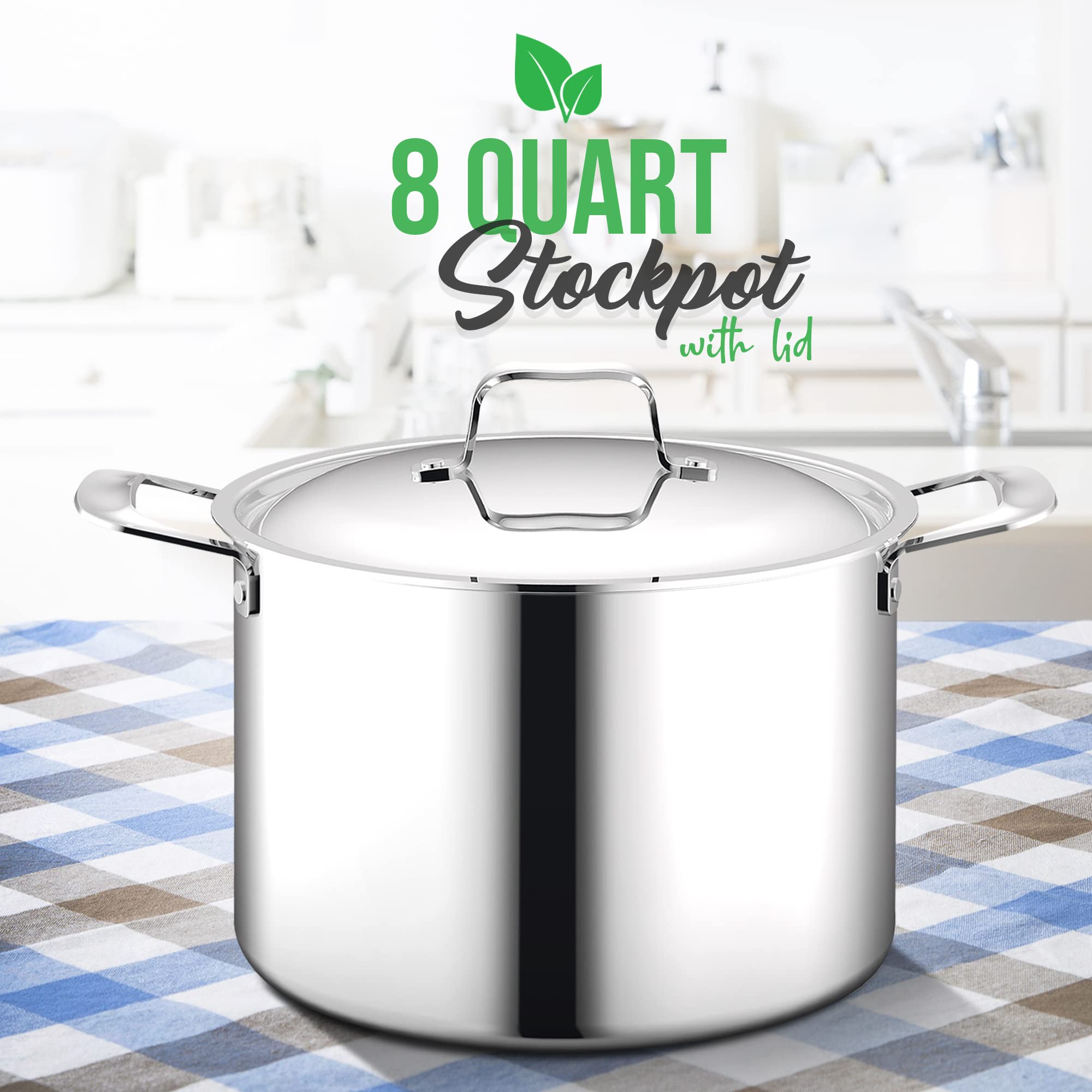 NutriChef 8-quart Stockpot with Lid - PFOA/PFOS Free Stainless Steel Stain-Resistant Pot Kitchen Cookware w/ Satin Interior, Polished Exterior, Cast Handles - Works w/ Model NCSSX45