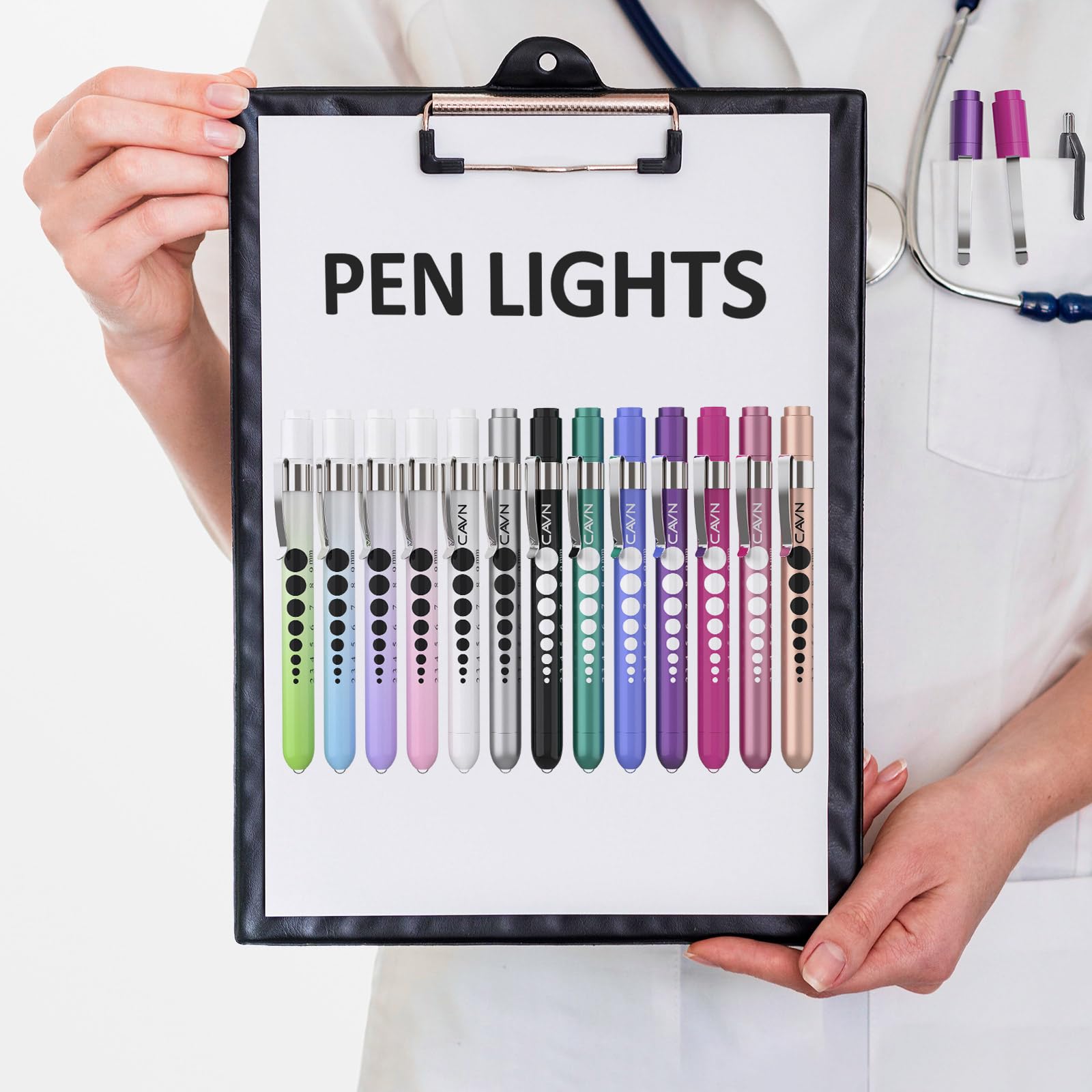 CAVN Pen Light with Pupil Gauge LED Penlight for Nurses Doctors, 2 Pcs Reusable Medical Penlight for Nursing Students (Purple/Pink)