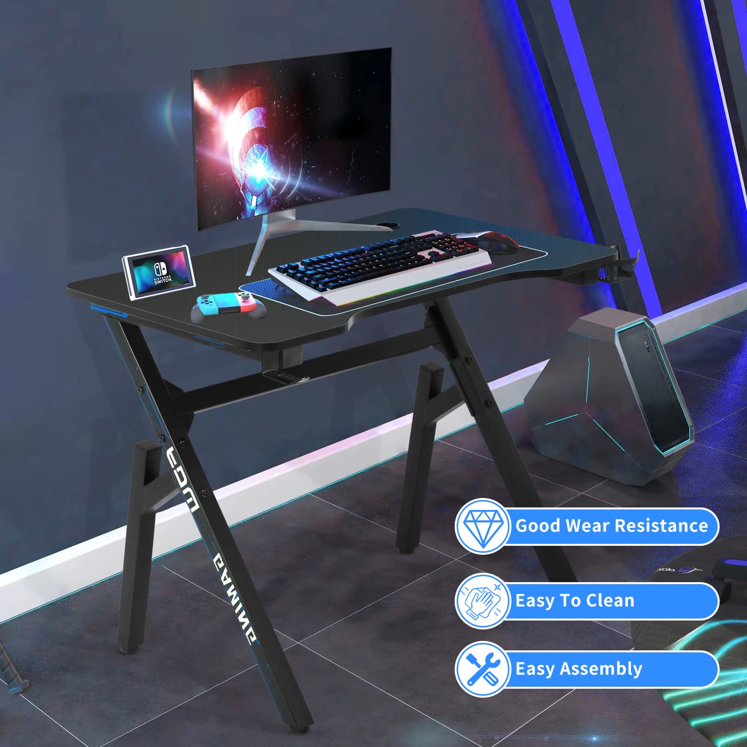 35" Gaming Desk Student Computer Desk Home Office Desk Gamer PC Workstation Large Modern Ergonomic Pc Carbon Fiber Writing Desk Table with Cup Holder Headphone Hook R Shape Table, Blue