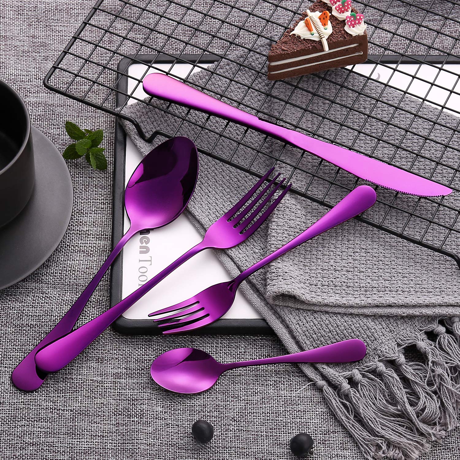 Silverware Set, 20-Piece Purple Flatware Cutlery Set Service for 4,Stainless Steel Kitchen Utensil Set Tableware Knife Spoon Fork Set for Home&Restaurant. Dishwasher Safe (Purple- 20 Pieces Set)
