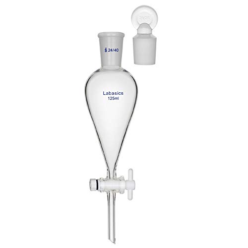 Labasics Borosilicate Glass 125ml Conical Separatory Funnel with PTFE Stopcock, 125mL