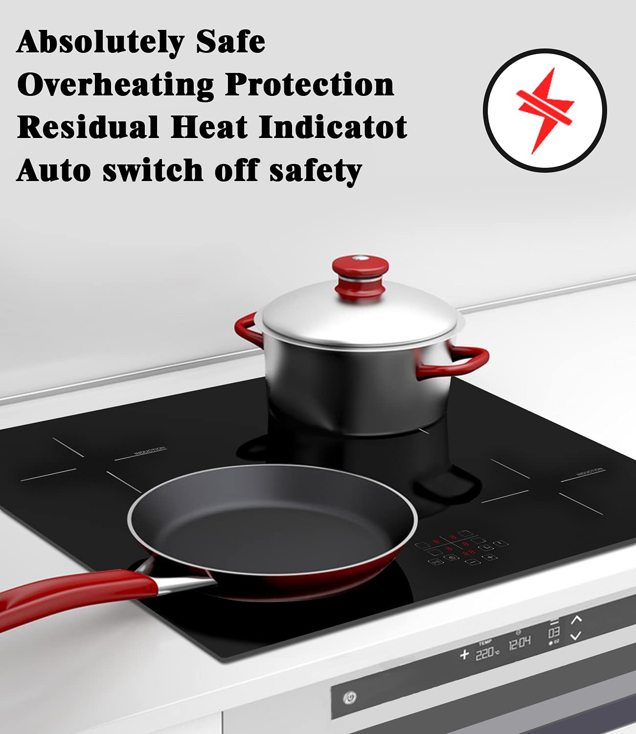 24 Inch Induction Cooktop 4 Burner, Drop-in 6400W Electric Induction Burner with Timer and Child Lock, Pause Function, Vitro Ceramic Glass, 220-240V, Hard Wired, No Plug