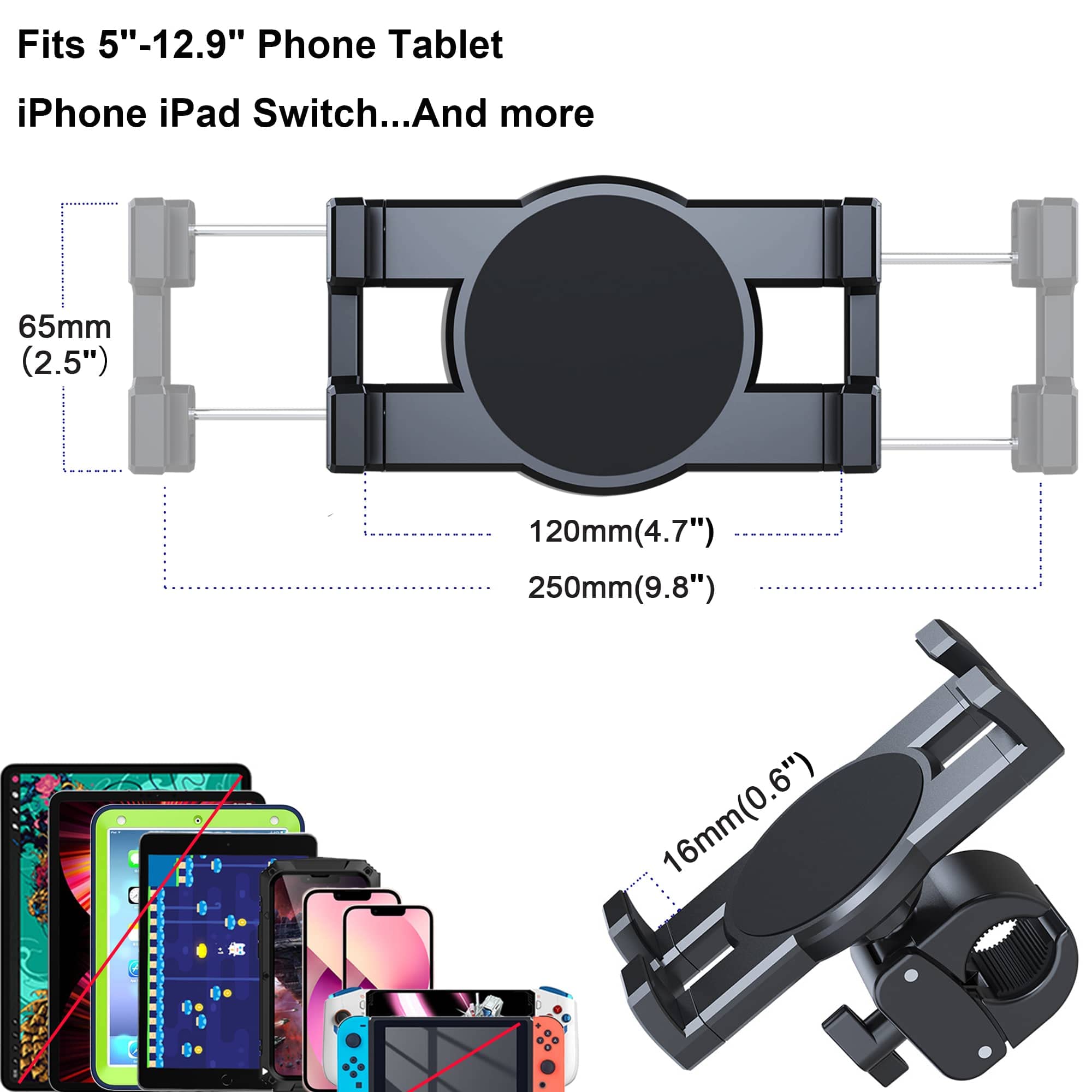 Timewall Tablet Phone Mount with Clamp, Universal iPad iPhone Holder Stand for Spin Bike, Stationary Exercise Bicycle, Treadmill, Elliptical, Mic Stand, Boat, Handlebar, Fits 5-12.9" Tab Phone