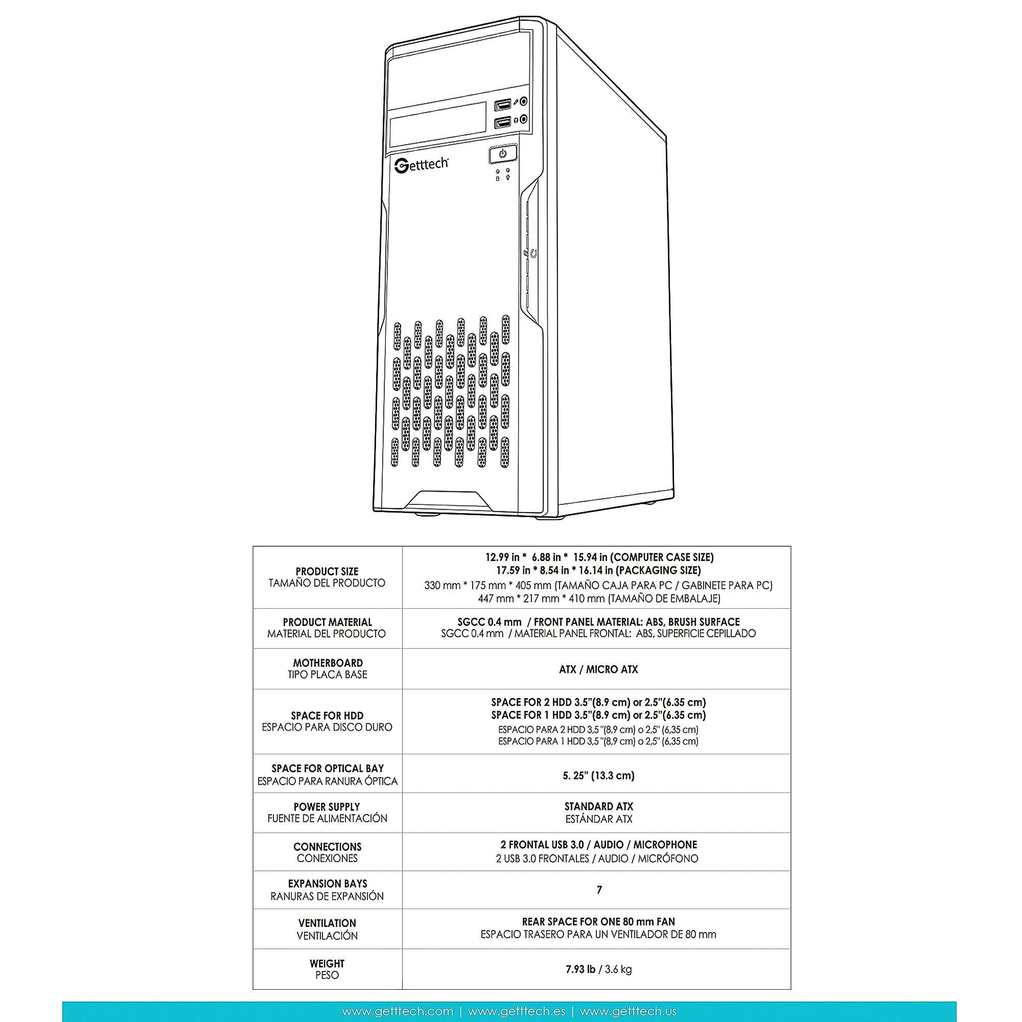 GETTTECH Mid Tower Computer ATX Case with 500W Power Supply Unit, 2 USB Ports, Complete Desktop PC Project Build Economic Kit, 7 Expansion Slots, mATX FCC/ROHS/CE/NOM Certified Black GG-1801