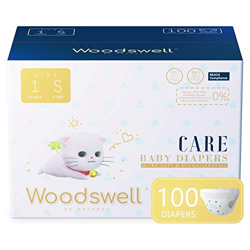 Woodswell Care Baby Diapers (Size 1, 100 Counts) - Hypoallergenic, Double Leak Protection, Ultra Soft, Super Absorbent, Edible Fabric Surface Layer