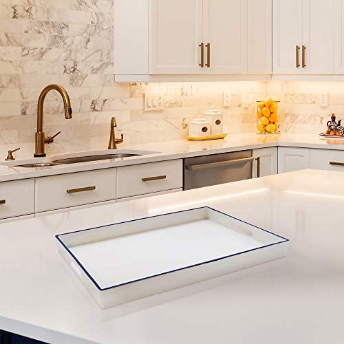 Rectangle Serving Tray- Indoor & Outdoor Platter for Home Entertaining, Cocktail Hour, Snacks, Decorative Display for Jewelry, Candles, Barware, & Perfume, White/Blue