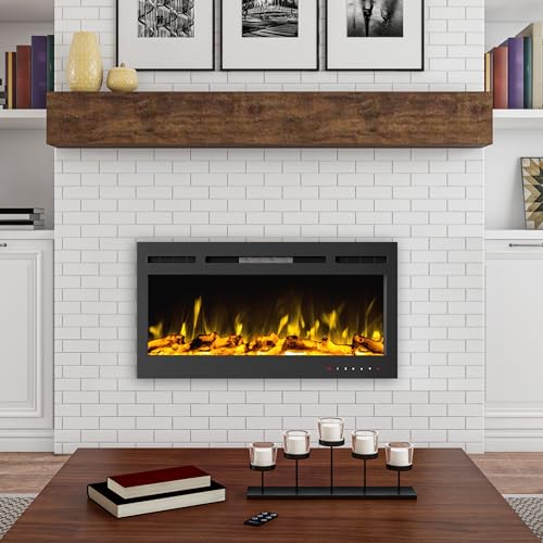 36-Inch Wall Mounted Electric Fireplace - Recessed Heater with Front Vent, Remote, LED Flames, and Log and Crystal Media by Northwest (Black)