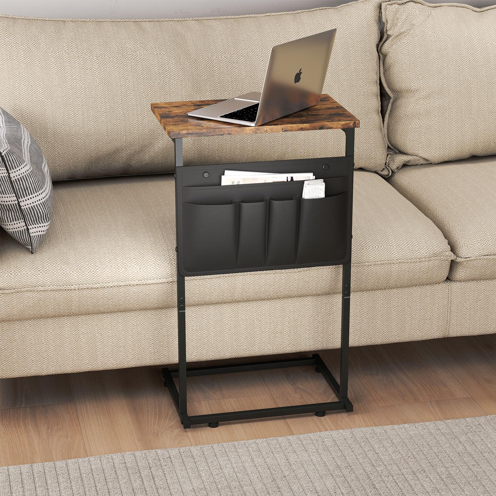 ZERDER C Shaped End Table, Small Side Table with Storage Bag for Couch, Sofa Table with Metal Frame for Living Room and Bedroom Bedside, Rustic Brown ZER-007Br