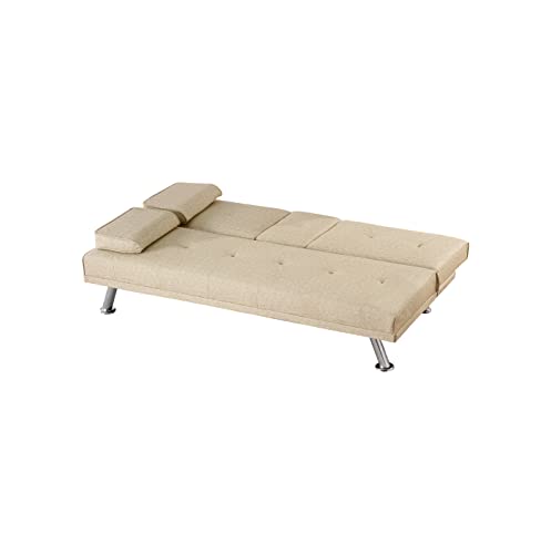 67" Leather Multifunctional Double Convertible Folding Futon Sofa Bed, Adjustable Couch Sleeper Modern for Office with 2 Cupholders, Removable Armrests (Beige)