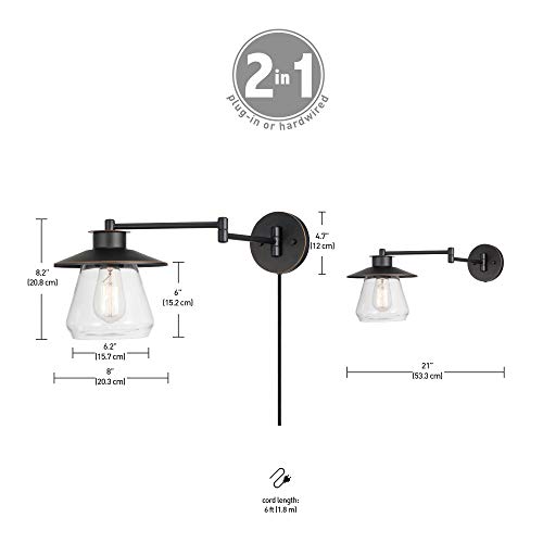 Globe Electric 51543 Nate 1-Light Plug-in or Hardwire Swing Arm Wall Sconce, Oil Rubbed Bronze, Clear Glass Shade, 6ft Black Fabric Covered Cord, Inline On/Off Rocker Switch