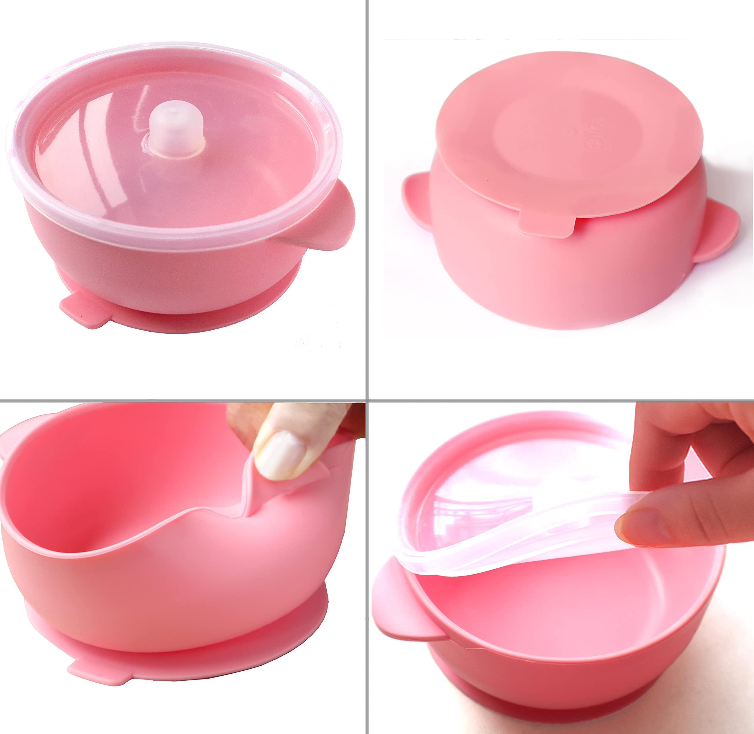 YMCF Products Baby or Toddler Feeding Set | Silicone Bib, Divided Plates, Suction Bowls & Spoons, Dishwasher-Safe, Easy-Wipe Cleaning (Pink)