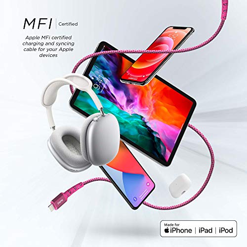 iHome USB C to Lightning Cable: Nylon Braided, Apple MFi Certified,for iPhone 12/12 Pro/12 Pro Max/12 Mini/ 11/11 Pro/ 11 Pro Max, AirPods Pro(Supports Power Delivery w/18W Type C Charger),10 Ft,Pink