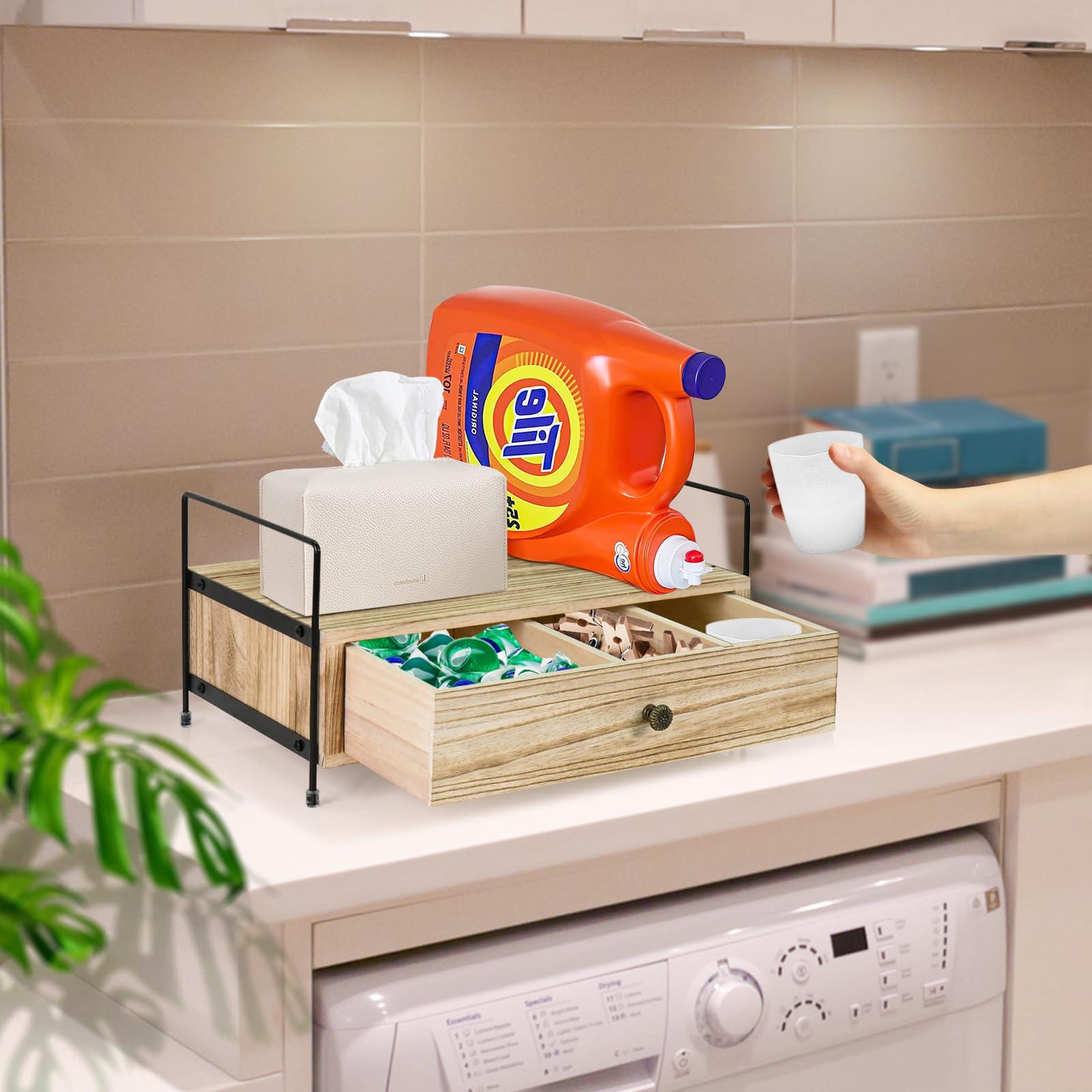 Wooden Detergent Holder for Laundry Room Organizer, Shelf Organizer for Liquid Laundry Detergent, Laundry Detergent Holder with Drawer for Dry Sheets, Dry Balls, Pods, Clips, Laundry Room Decor