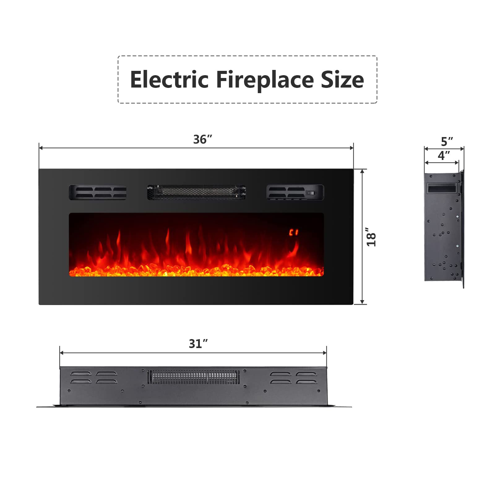 36" Electric Fireplace Insert 750/1500W Stove Heater with Recessed Mounted, 3 Colors Flame, 5 Levels Adjustable Flame Brightness, Timer Setting, Remote Control Fireplace Heater 18" H
