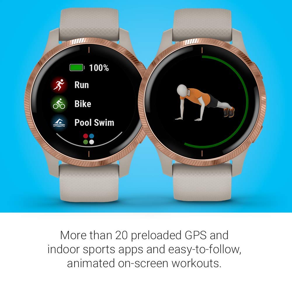 Garmin Venu - GPS Smartwatch with Bright Touchscreen Display - Music, Body Energy Monitoring, Animated Workouts, Pulse Ox Sensor and More - Rose Gold with Tan Band (Renewed)