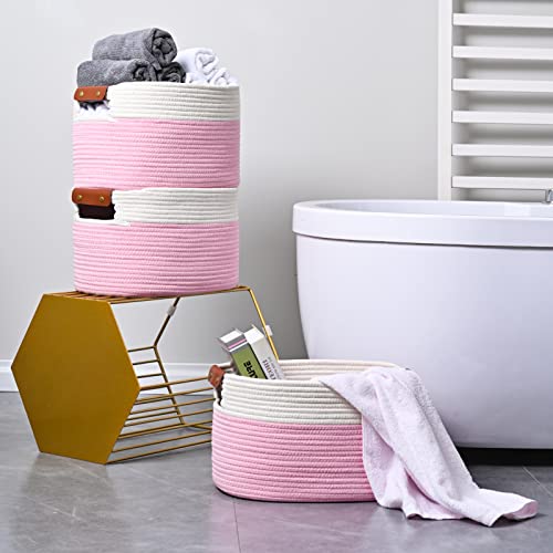 ECDYQXVU 1 Pack Cotton Rope Storage Baskets,15x10x9in,Collapsible Storage Bins, Decorative Woven Basket Cube Storage Organizer for Laundry, Towel, Clothes, Cosmetics, Books(White/Pink)