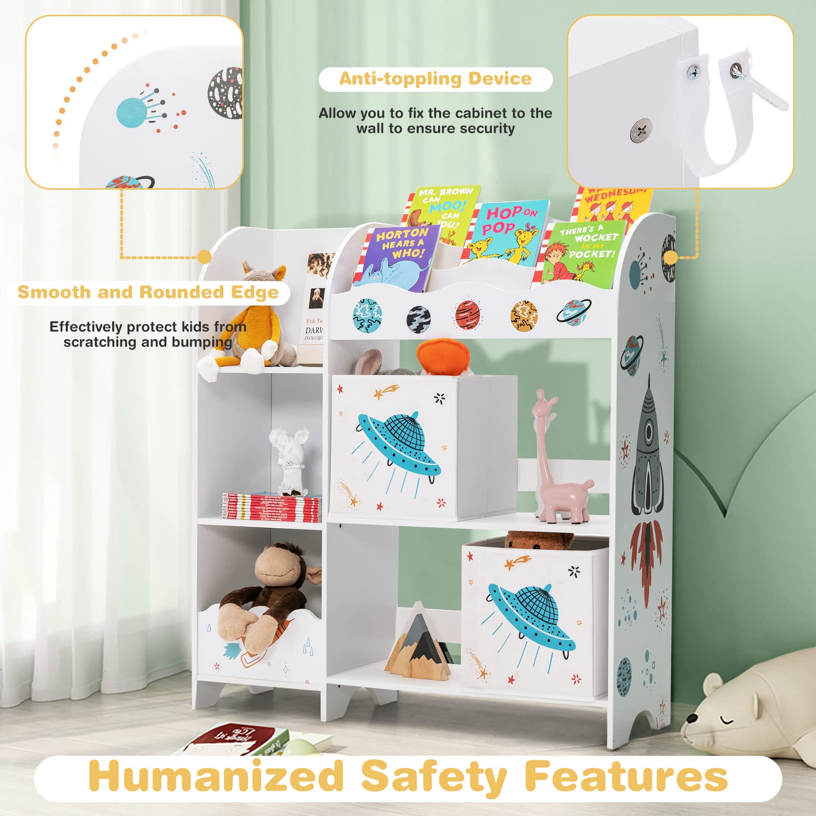 HONEY JOY Kids Toy Storage Organizer, Wooden Storage Unit with 2 Storage Boxes, Toddler Storage Display Bookshelf Daycare Furniture for Playroom, Children’s Room, Living Room(Planet)